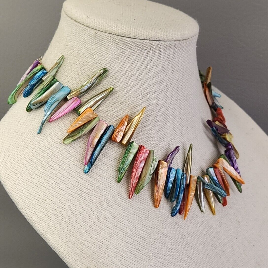 Shell Necklace Vtg Dyed Abalone MOP Bead Multicolor Spikes 16-18" | eBay
