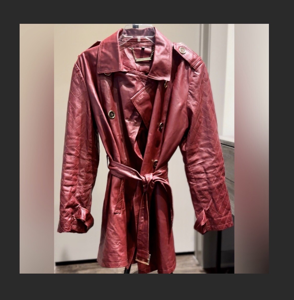 IMAN Brick red leather double Breasted Coat With Gold… - Gem
