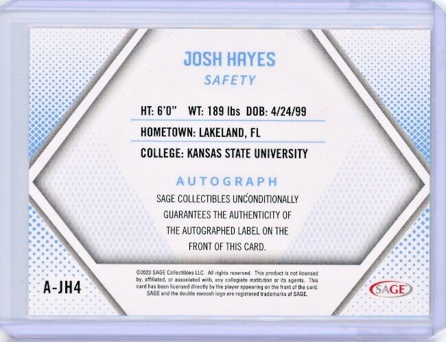 2023 Sage Hit Autograph #A-JF4 Josh Hayes RC - Kansas State / Tampa Bay ...