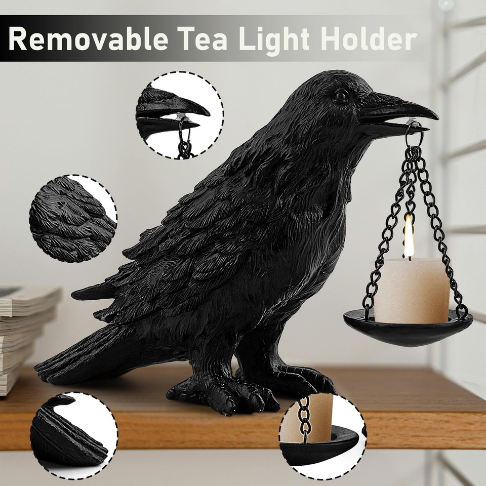 Gothic Crow Lamp with Tealight Candle Holder Resin Raven Decor Statue ...