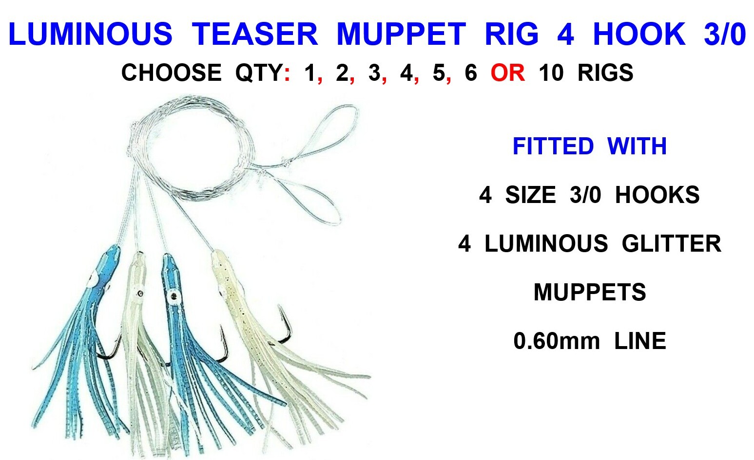 6 Blue White Lumi Muppet Rigs 4 Hook 3/0 Fishing Mackerel Feathers ...