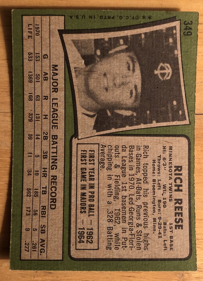 1971 Topps Rich Reese Baseball Card 349 Twins First Base Low-Grade ...