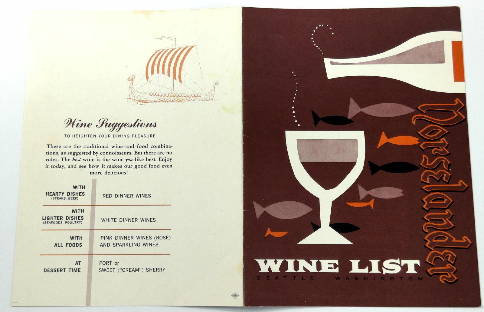 1961 Original WINE LIST Menu NORSELANDER Restaurant Seattle Washington ...