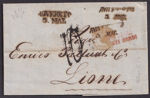 ITALY 1816 stampless cover multiple two lines ROVERTO to Lyon France | eBay