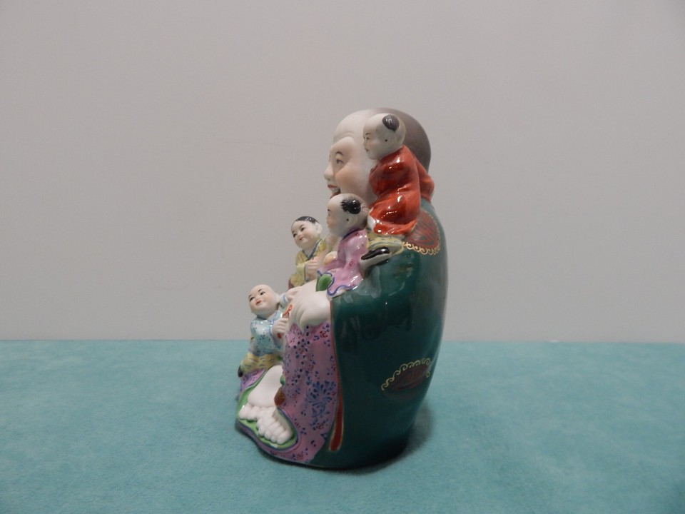 Vintage Chinese Laughing Buddha with 5 Children Famille Rose Porcelain ...