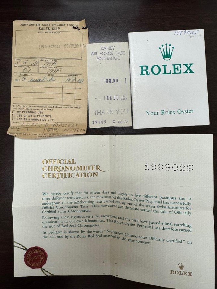 ROLEX 1675 GMT CIRCA 1970 BOX PUNCHED PAPERS BOOKLET ARMY AIR FOCE BASE ...