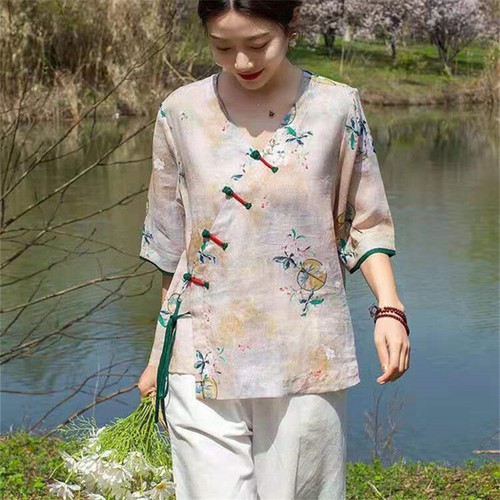 Women Floral Printed Blouse Shirt 3/4 Sleeve Frog Button Ethnic Summer ...