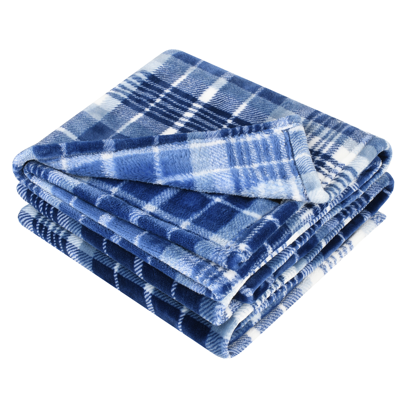 BLUE Plaid Throw Blanket Reversible Micro Fleece TV Blanket Bed Couch ...