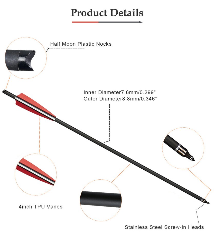 SALE 12Pcs 20" Crossbow Bolts Carbon Arrows Half Moon Nocks 8.8mm Shaft ...