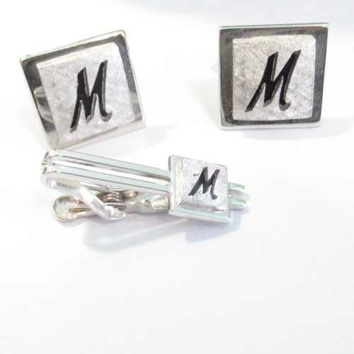 Swank Vintage Initial Monogram M Cufflinks and Tie Clip Set Silver Tone ...