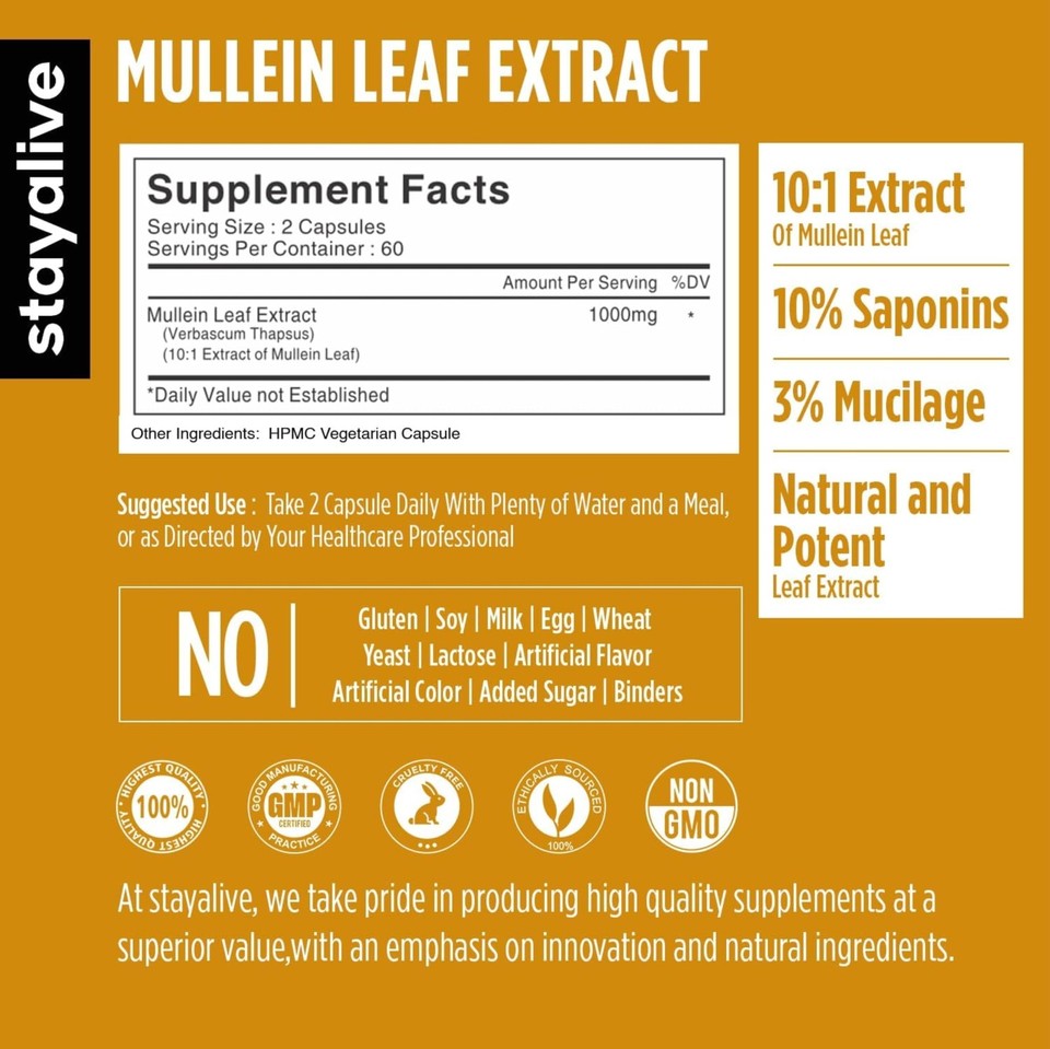 Mullein Leaf Extract 1000mg, 10:1 Extra Strength, 120 Vegan Mullein ...