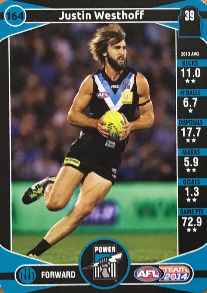 2014 AFL TEAMCOACH PORT ADELAIDE POWER JUSTIN WESTHOFF # 164 COMMON ...