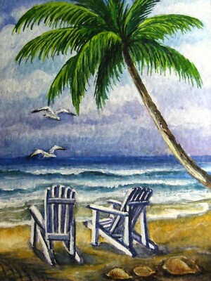 Watercolor Painting Ocean Beach Chair Palm Tree Vacation Nature Seagull ...