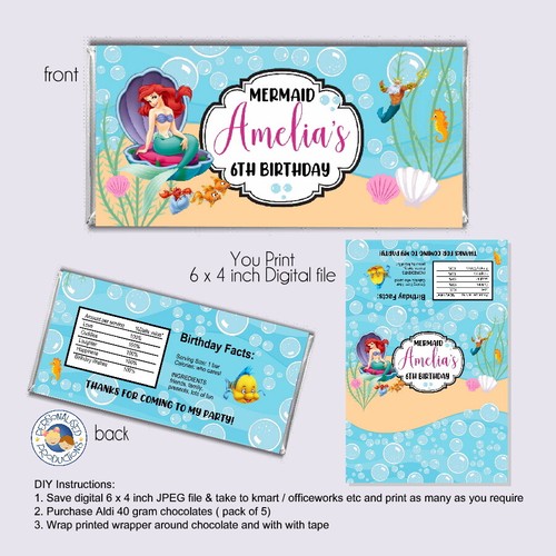 MERMAID ARIEL chocolate wrapper BIRTHDAY party girl YOU PRINT mermaids ...