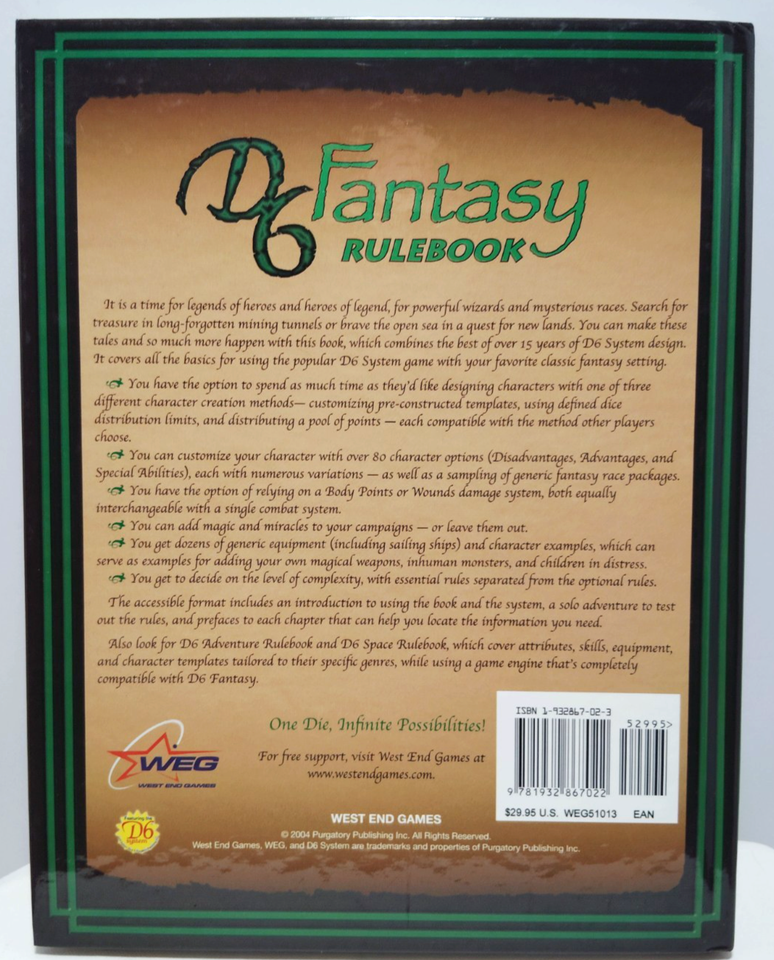 D6 Fantasy Rulebook West End Games 2004 Purgatory Publishing RPG ...