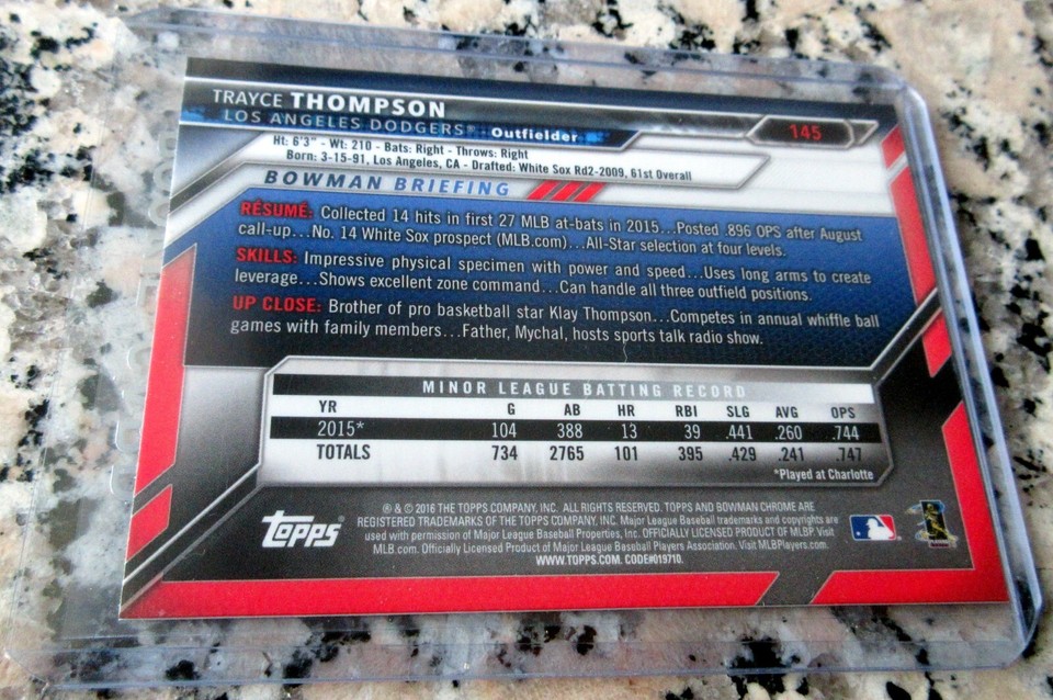 TRAYCE THOMPSON 2016 Bowman Chrome Rookie Card RC Logo Dodgers New York ...