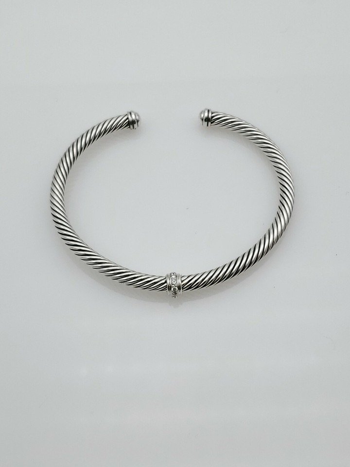 DAVID YURMAN 4mm Cable Station Diamond Cuff Bracelet Medium Silver | eBay