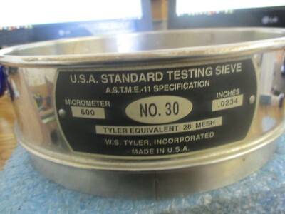 W.S. Tyler No: 30 Testing Sieve. 600 Micrometer, ..0234 Inches, 28 Mesh ...