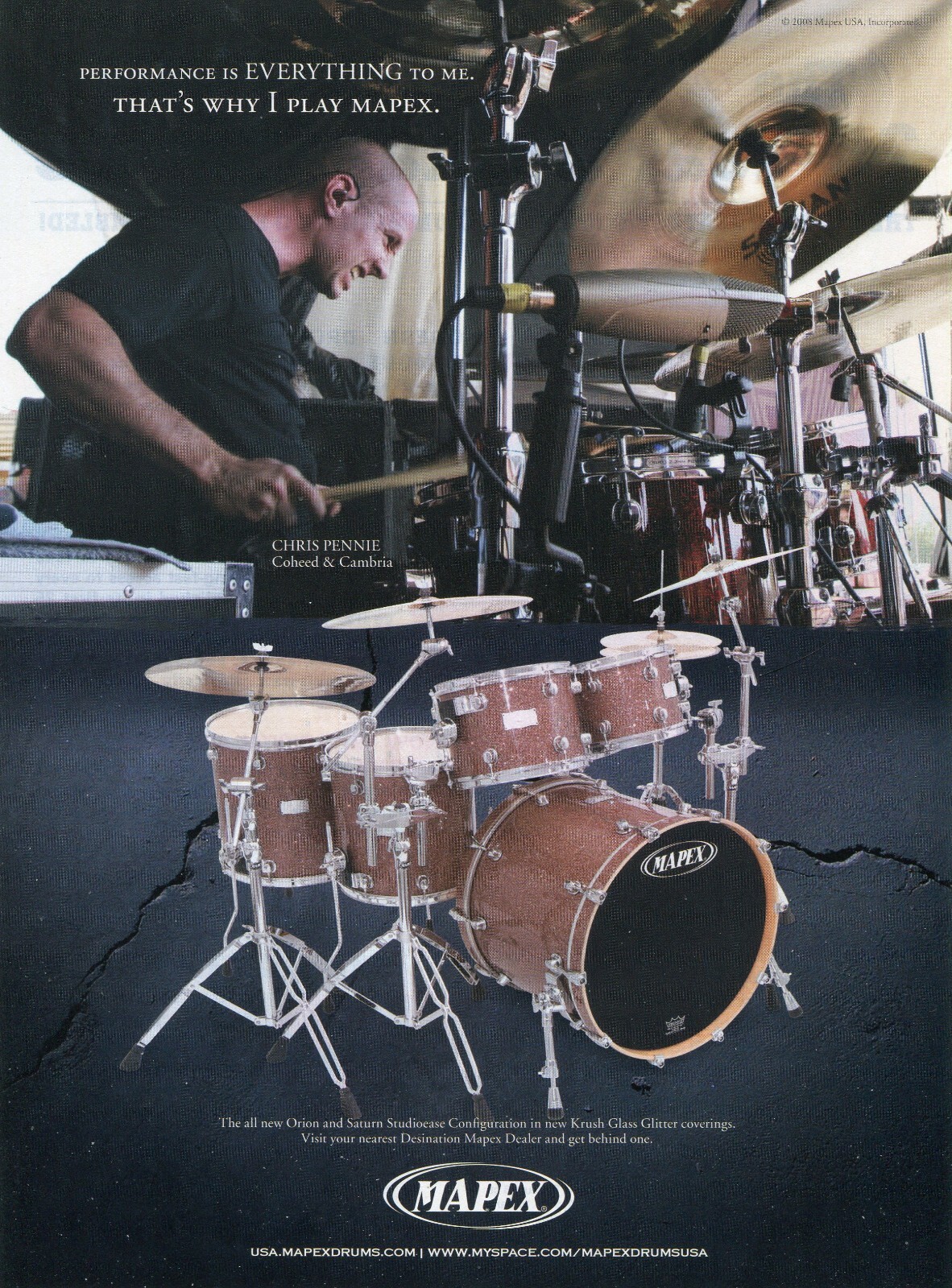 2008 Print Ad of Mapex Orion & Saturn Drum Kit w Chris Pennie Coheed ...