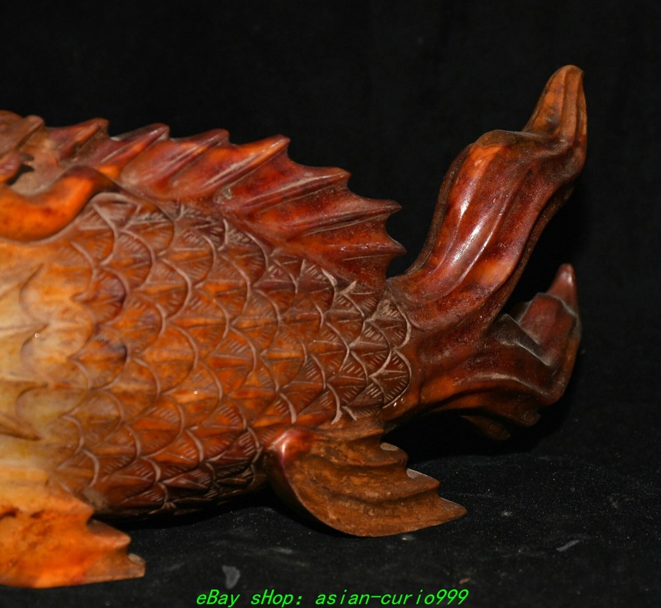 10.6''Old China Dynasty Hetian Jade Carved Fengshui Dragon Fish Statue ...