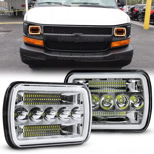 Pair 7x6 5x7 LED Headlights Halo DRL for Chevy Express 1500 2500 3500 ...