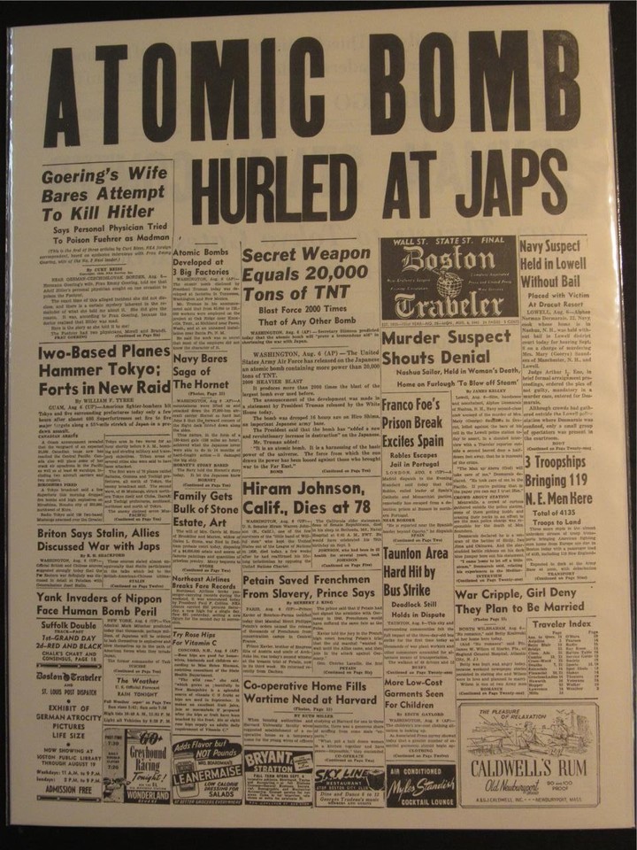 VINTAGE NEWSPAPER HEADLINES~ WORLD WAR 2 ATOMIC BOMB DROPPED ON JAPAN ...