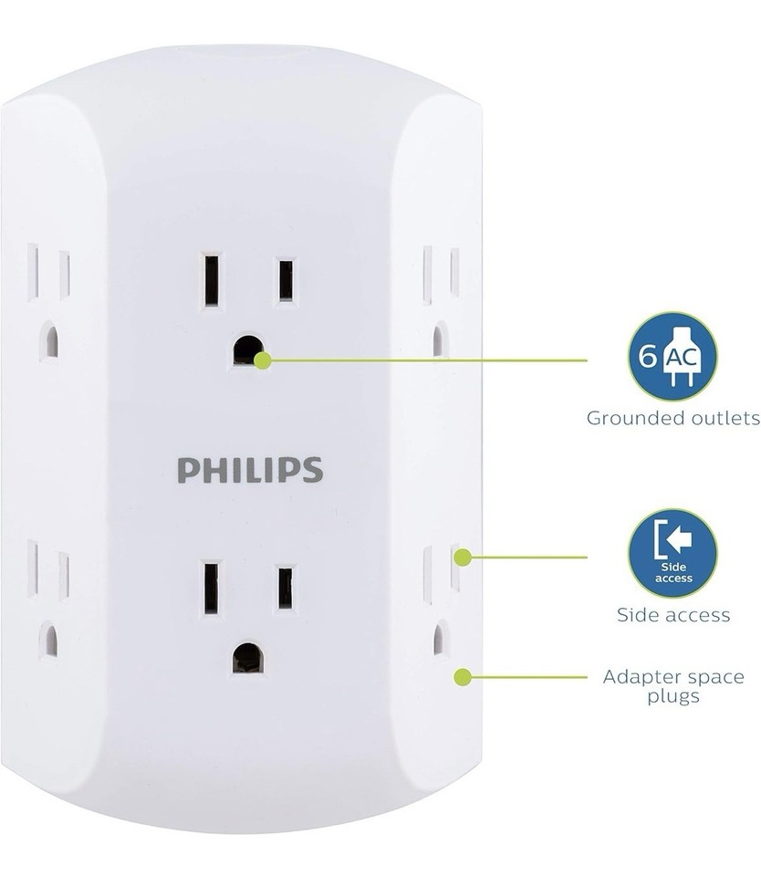 Philips 6 Outlet Wall Plug Adapter Power Strip With Extra Wide Spaced ...