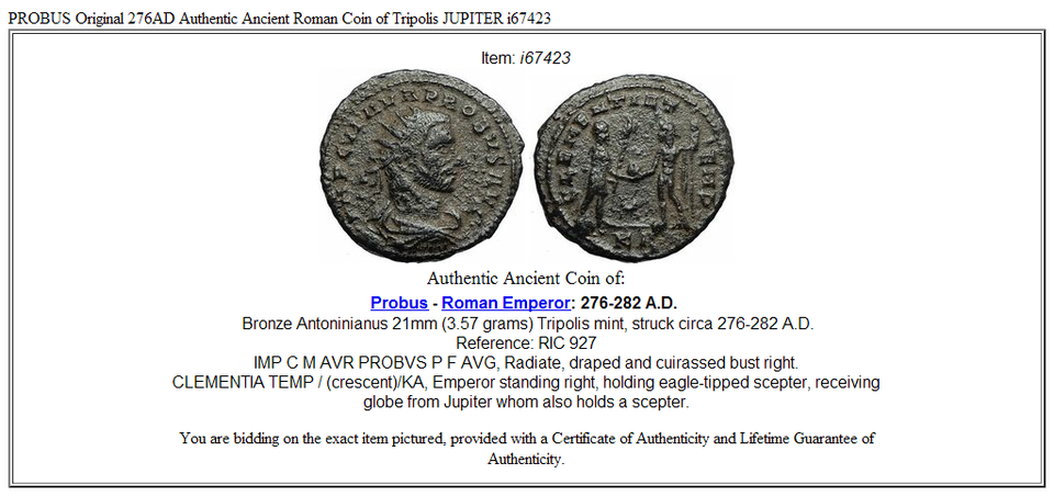 PROBUS Original 276AD Authentic Ancient Roman Coin of Tripolis JUPITER ...