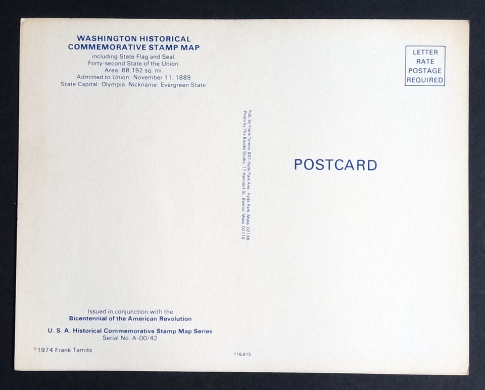 Washington Commemorative Postage Stamp Map Postcard 1974 WA State Flag ...