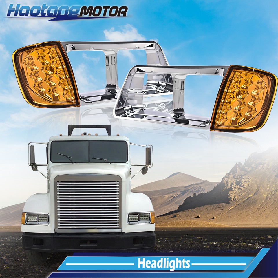 Fit For Freightliner FLD120 Headlight Bezel w/ LED Turn Signal Corner ...