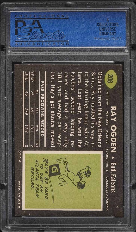 1969 Topps FB Card #206 Ray Ogden Atlanta Falcons ROOKIE RC PSA 8 NM-MT ...