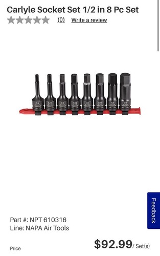 NAPA 61-0316 Professional 8pc Impact Socket Set 1/2” Drive Hex Driver ...
