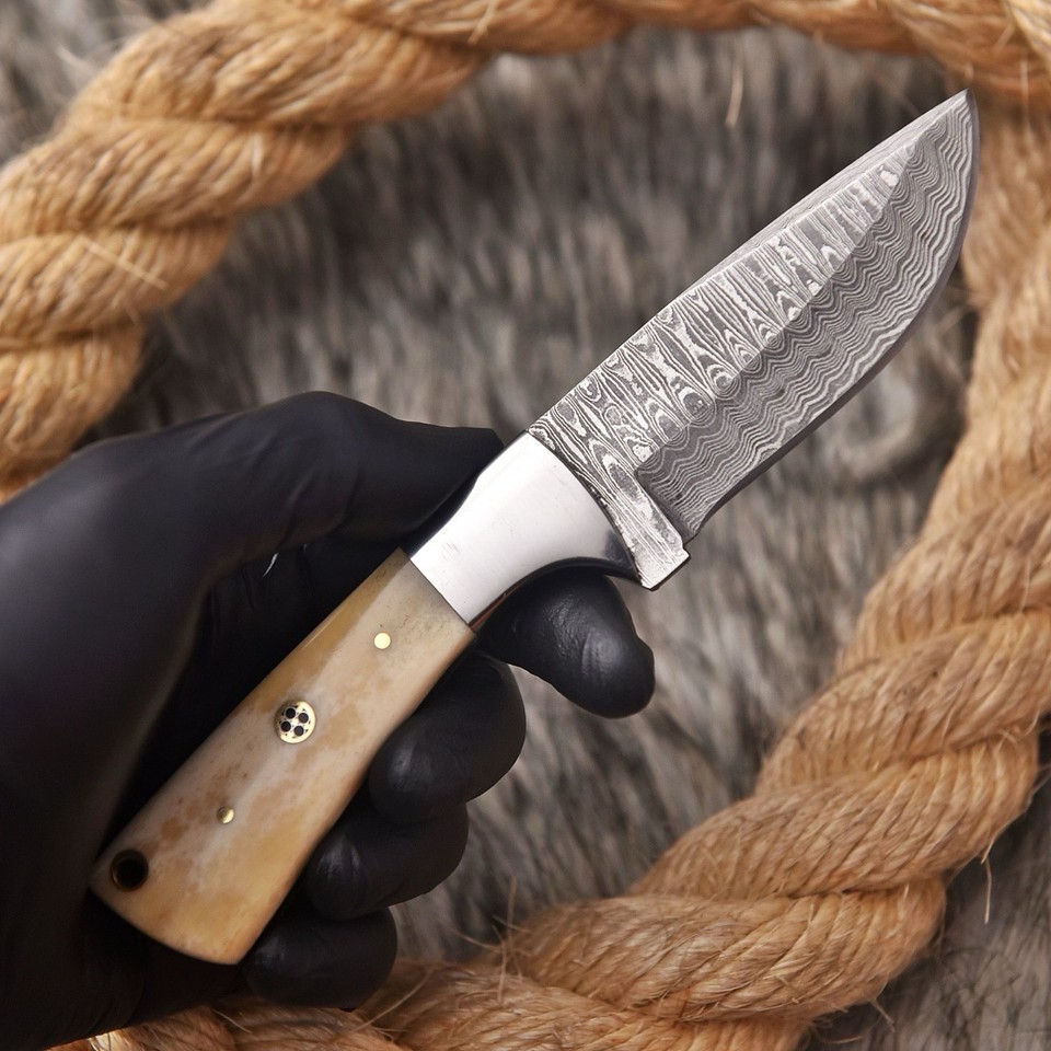 Custom Handmade Damascus Steel Fix Blade Skinning Knife Camel Bone ...