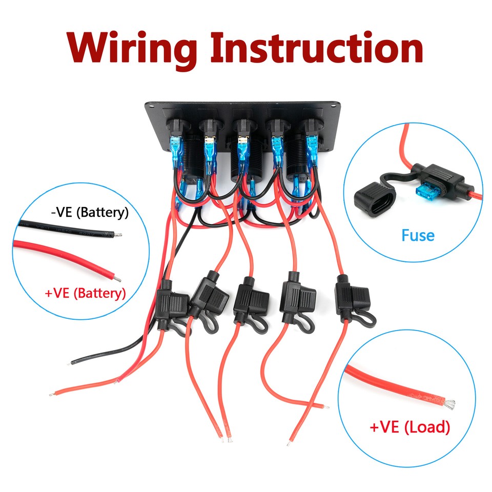 5 Gang Inline Fuse Box LED Switch Panel Control Dual USB Car Truck Boat ...