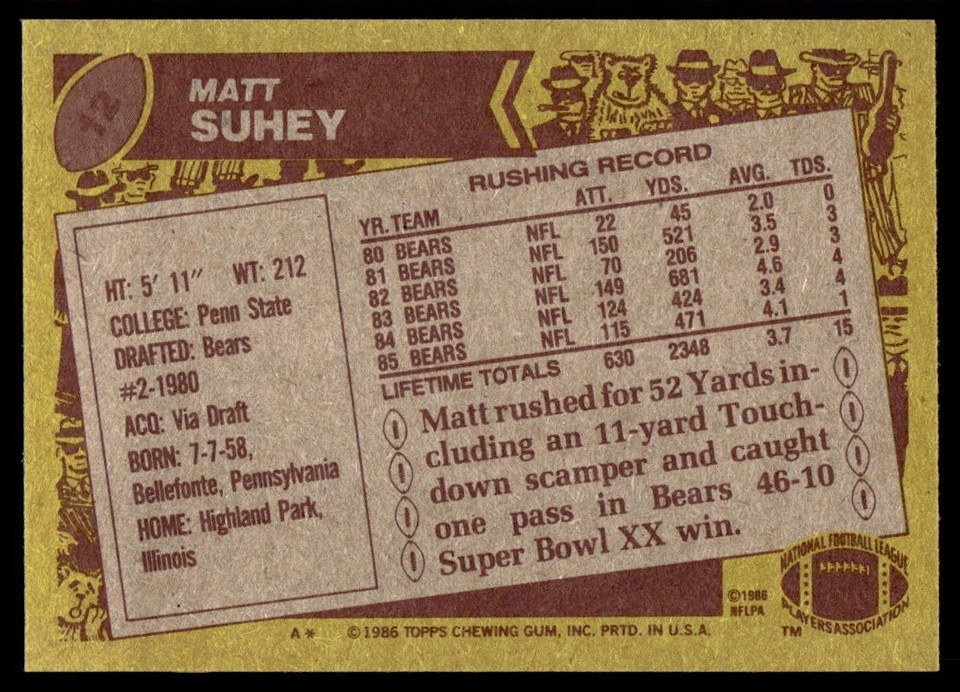 1986 Topps Matt Suhey Chicago Bears #12 | eBay
