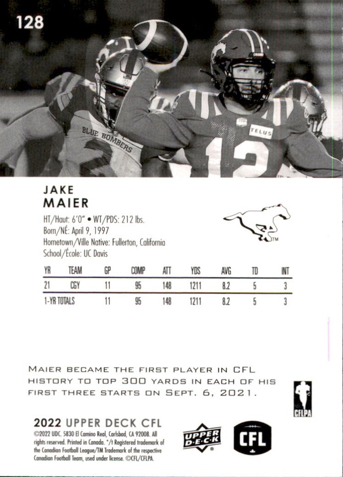 Jake Maier Signed 2022 Upper Deck CFL Football card Calgary Stampeders ...