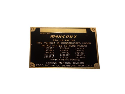 Mercury Cars 1946 - 1950s Patent & Data Plate Acid Etched In Brass ...