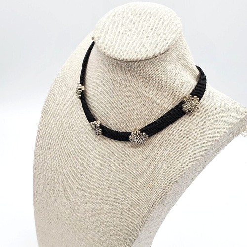 Black Mesh Silver Tone Statement Accents Choker Necklace Formal Dressy ...