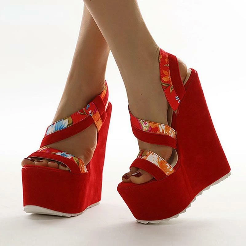 Red Wedges Shoes With Straps