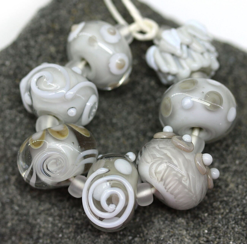7pc Grey handmade artisan lampwork glass round beads jewelry making SRA ...