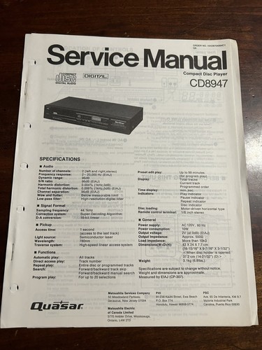 Quasar CD8947 Compact Disc Player CD Service Manual OEM Vintage ...