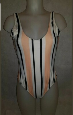 Gorgeous cream peach black striped MISSGUIDED swimming bathing costume ...