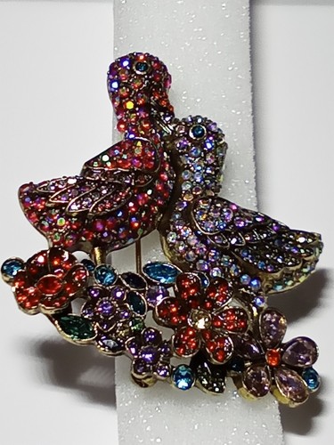 Heidi Daus Lucky Ducks Brooch Pin signed Rhinestones Nature Gift VGC ...