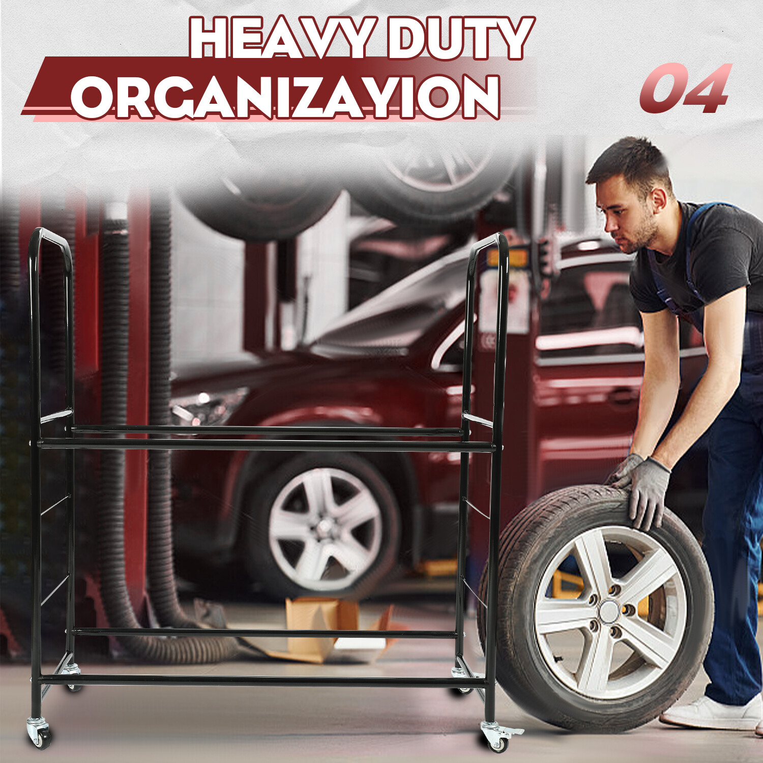 Adjustable Rolling 8 Tire Rack Garage Storage W/ Wheel For Home ...