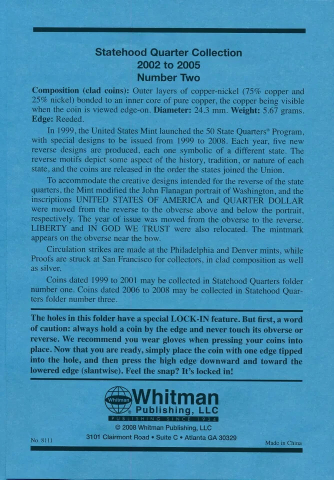 Whitman Coin Folder 8111 Statehood Quarter #2 2002 - 2005 Album / Book ...