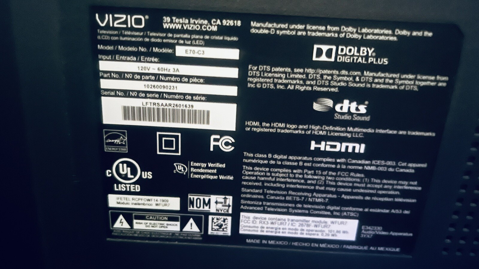 70” VIZIO TV Model E70-C3 | eBay