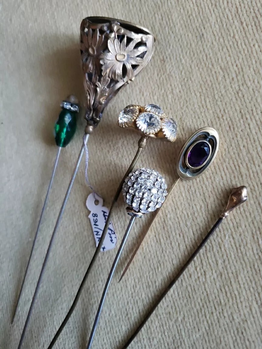 6 GORGEOUS Victorian Gold Stick Pins Rhinestones - Gem