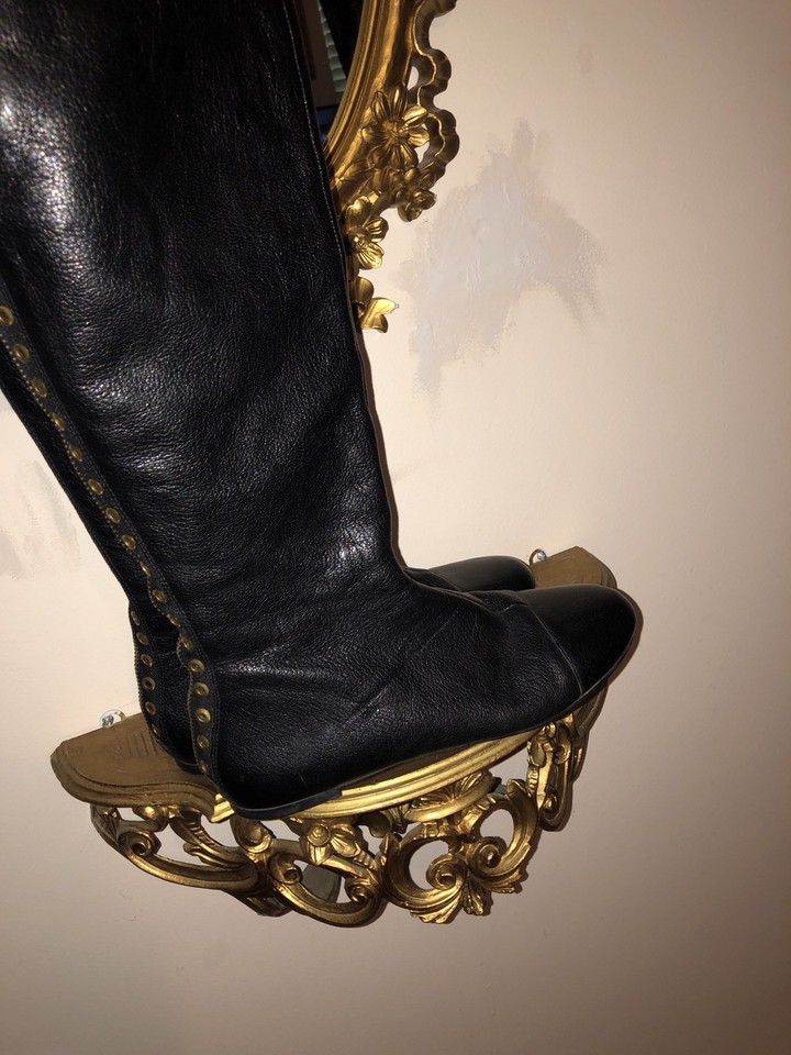 Marc Jacobs Black Leather Flat Riding Boots Kip Back Zipper Booties 36 ...