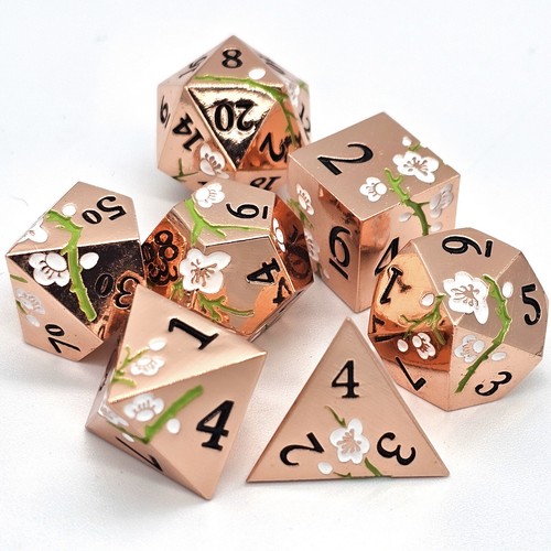 Rose Gold & White Plum Blossom Solid Metal DND Dice Set Polyhedral RPG ...