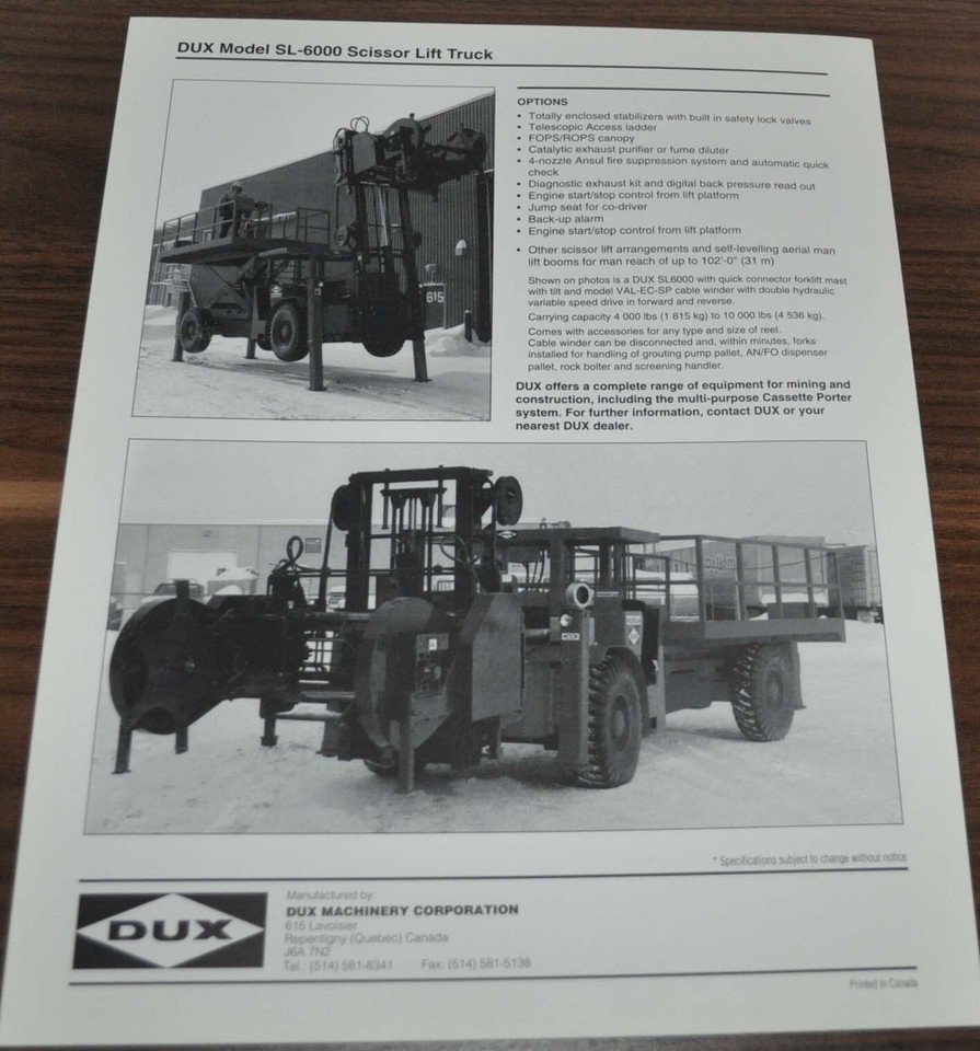 DUX SL-6000 Scissor Lift Truck Underground Mining Equipment Brochure ...